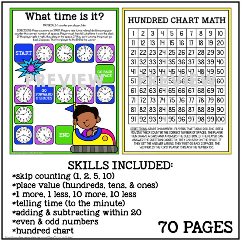 First Grade Math Board Games, 70 Pages Printable Math Games for Centers ...