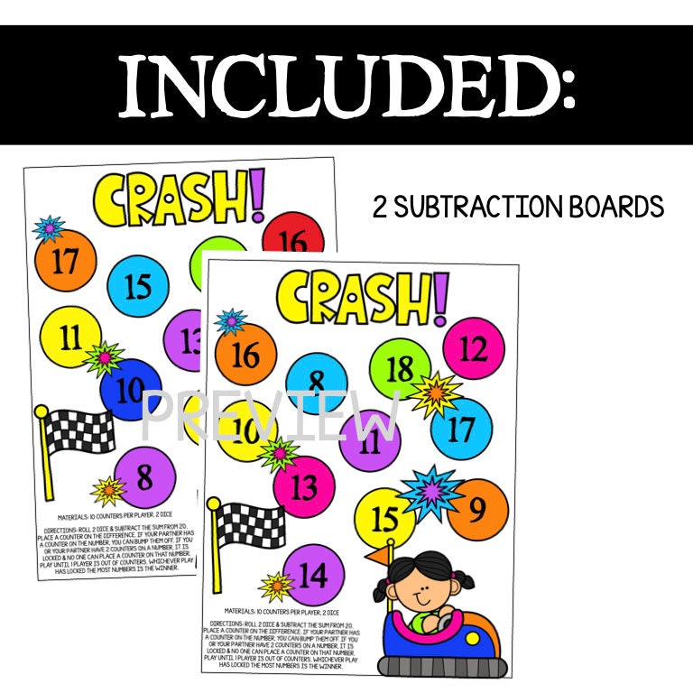 Bump, Single Digit Addition Board Games, Subtraction From 20, Printable ...