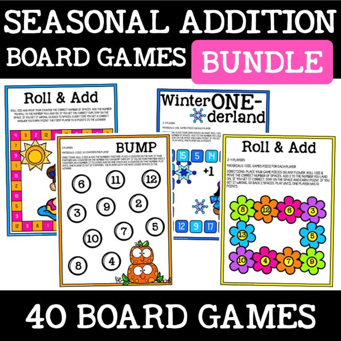 Seasonal Math Board Games {addition to 20} | Fall Autumn Spring Summer ...