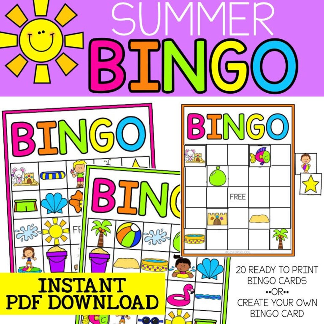 20 Summer BINGO Cards for Classrooms, Birthday Parties, Summer Vacation ...