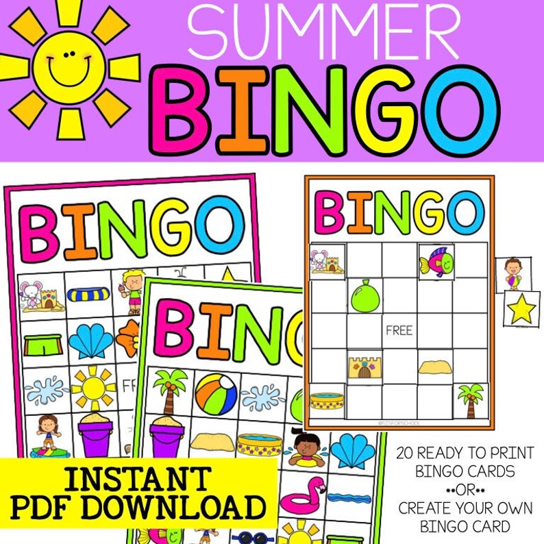 20 Summer BINGO Cards for Classrooms, Birthday Parties, Summer Vacation ...