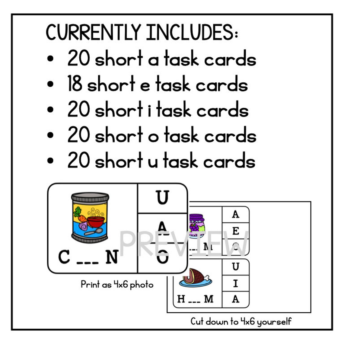 Short Vowel CVC Task Cards 4x6 for Literacy Centers, Short Vowel ...