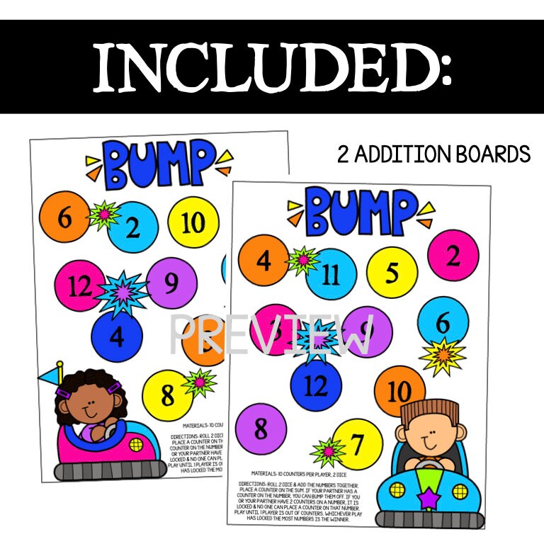 Bump, Single Digit Addition Board Games, Subtraction From 20, Printable ...