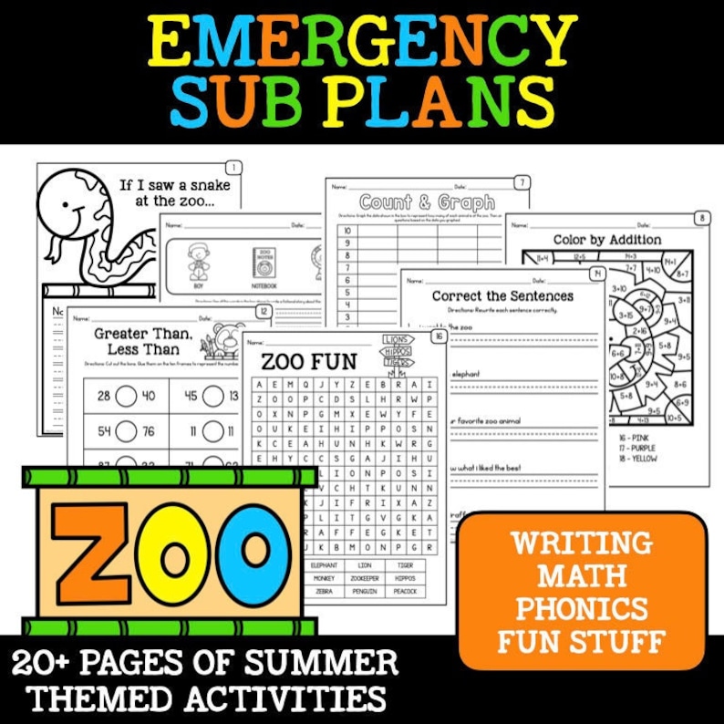 No Prep Packet, Emergency Substitute Teacher Lesson Plan Activities for ...