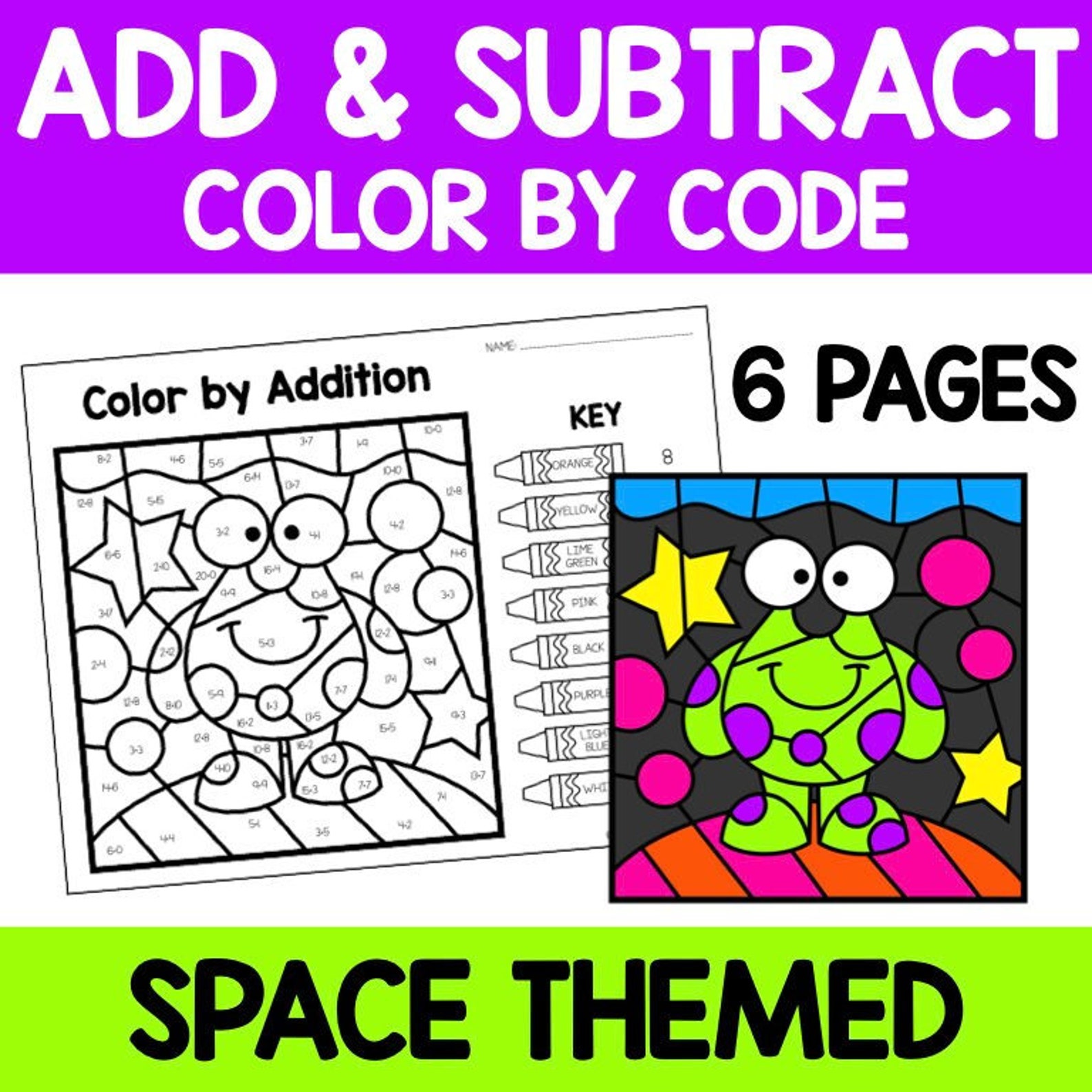 Addition & Subtraction Color by Code: Space Edition - Etsy