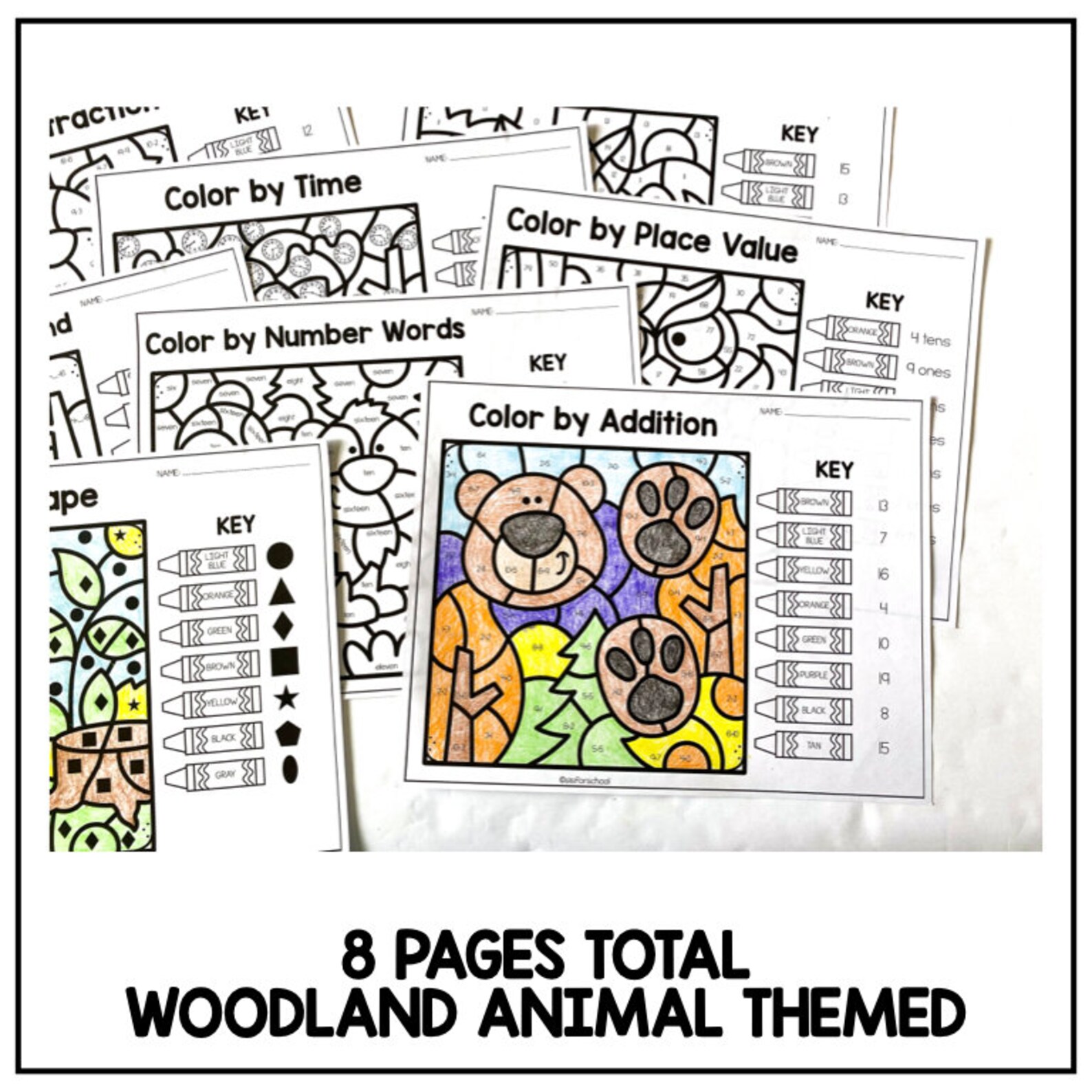 1st Grade Math Color by Code: Woodland Edition Addition Subtraction ...