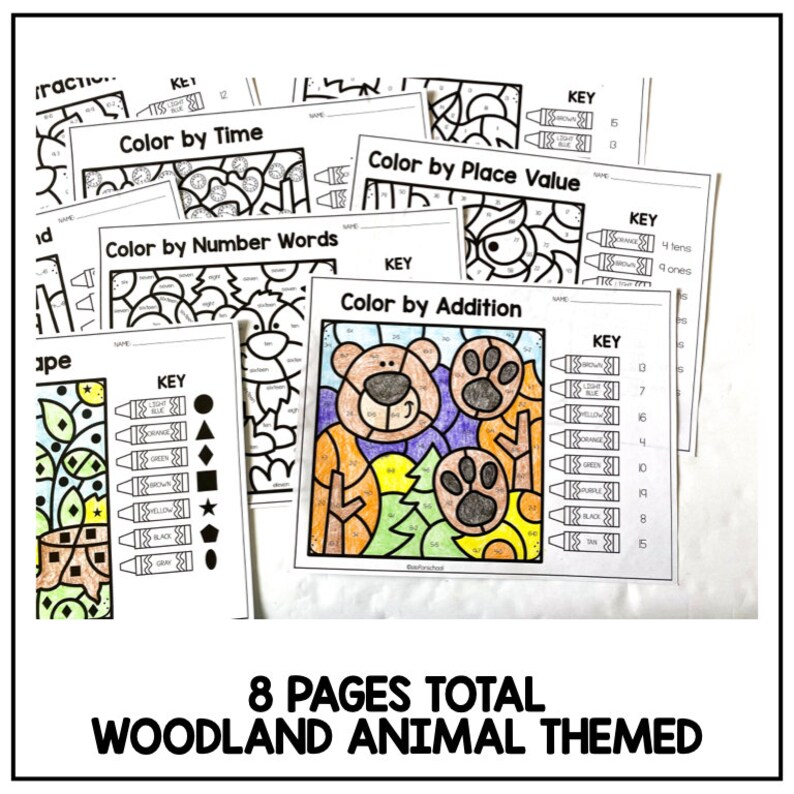 1st Grade Math Color by Code: Woodland Edition Addition Subtraction ...