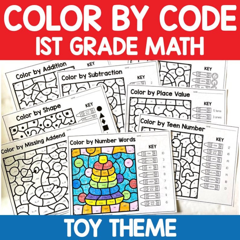 1st Grade Math Color by Code Worksheets, Addition Subtraction Shapes ...