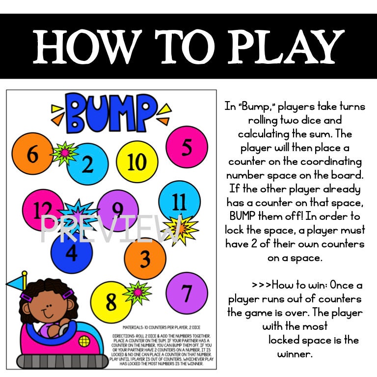 Bump, Single Digit Addition Board Games, Subtraction From 20, Printable ...