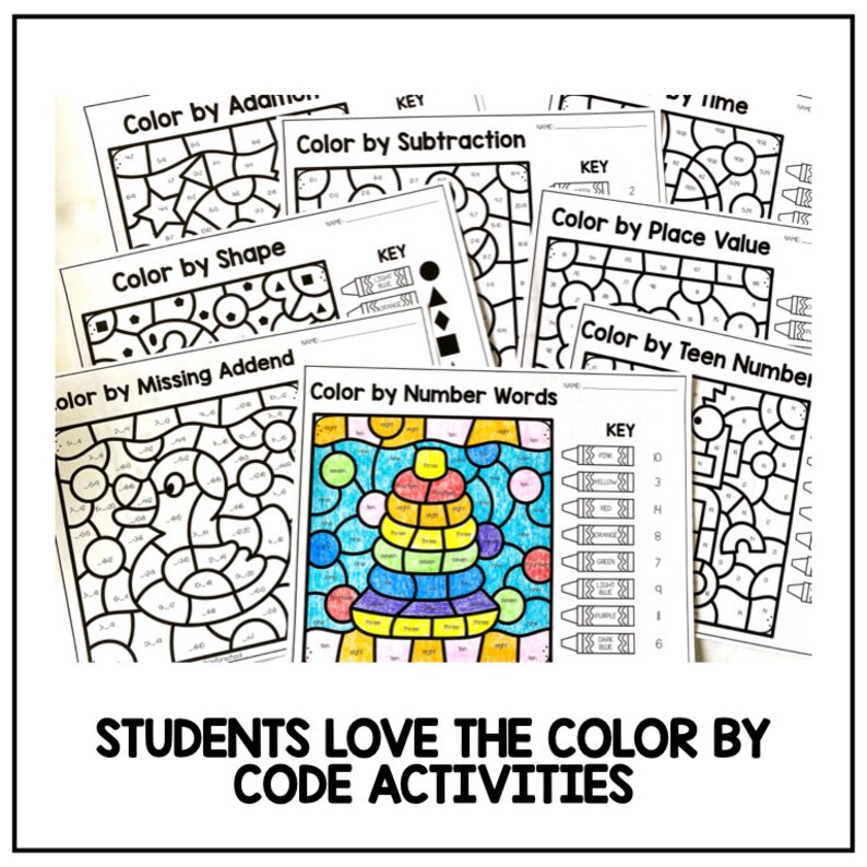 1st Grade Math Color by Code Worksheets, Addition Subtraction Shapes ...
