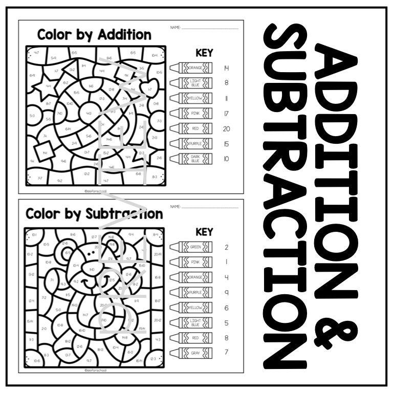 1st Grade Math Color by Code Worksheets, Addition Subtraction Shapes ...