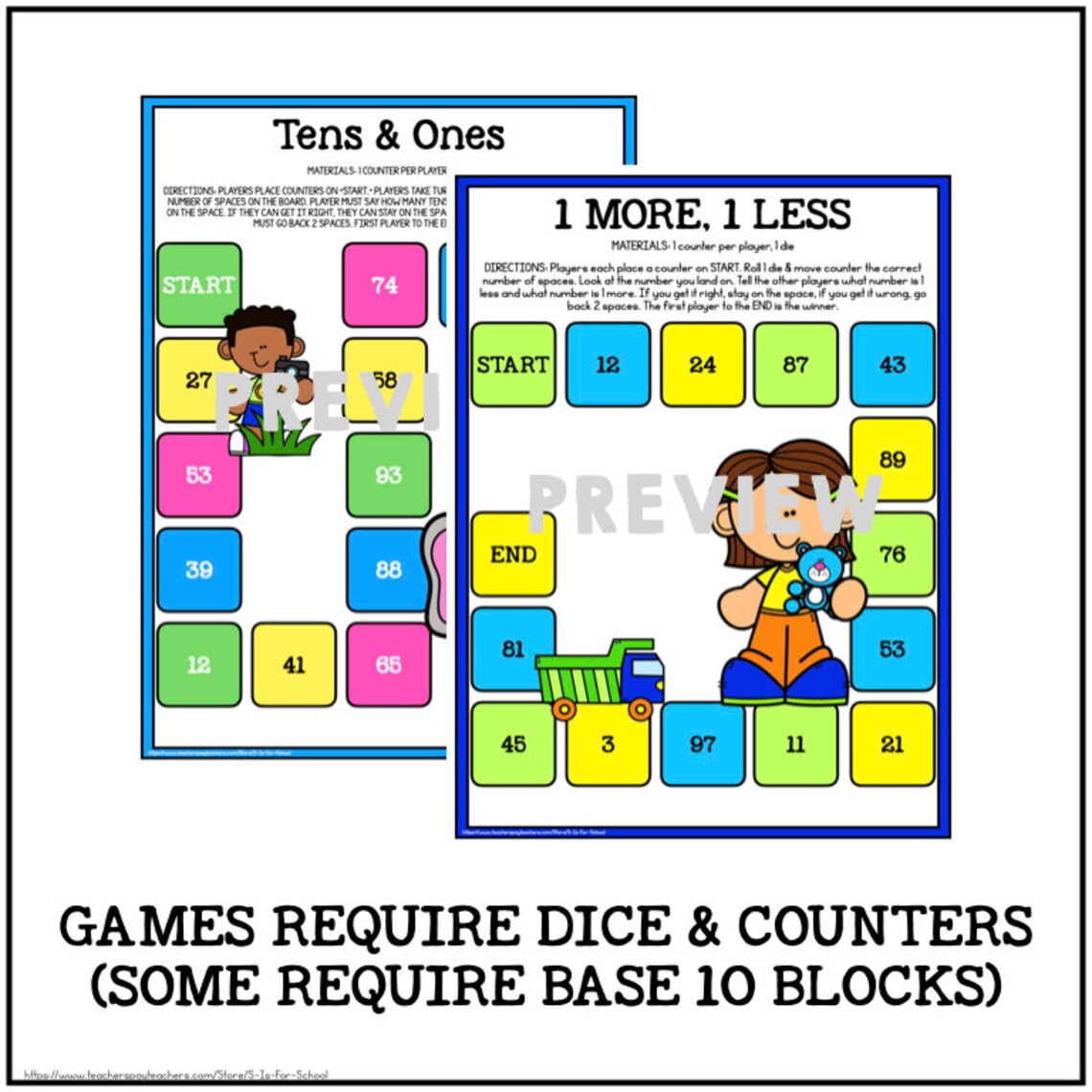 First Grade Math Board Games, 70 Pages Printable Math Games for Centers ...