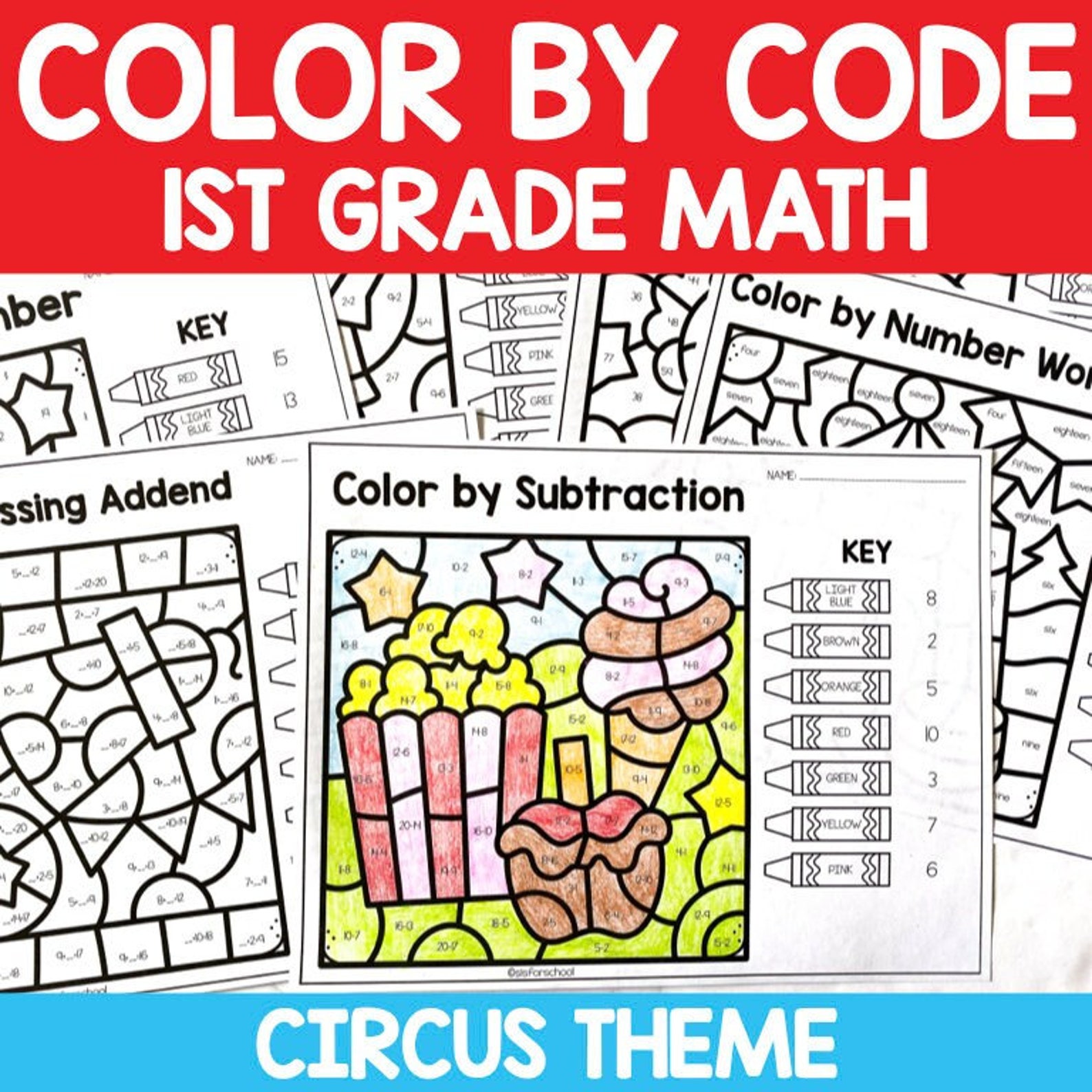 1st Grade Math Color by Code: Circus Edition Addition Subtraction ...