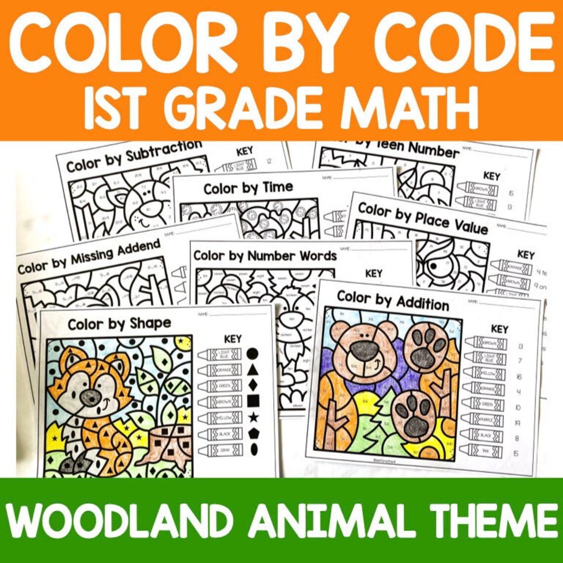 1st Grade Math Color by Code: Woodland Edition Addition Subtraction ...