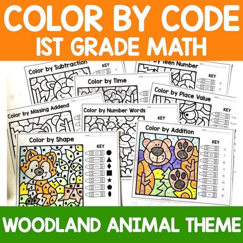 1st Grade Math Color by Code: Woodland Edition Addition Subtraction ...