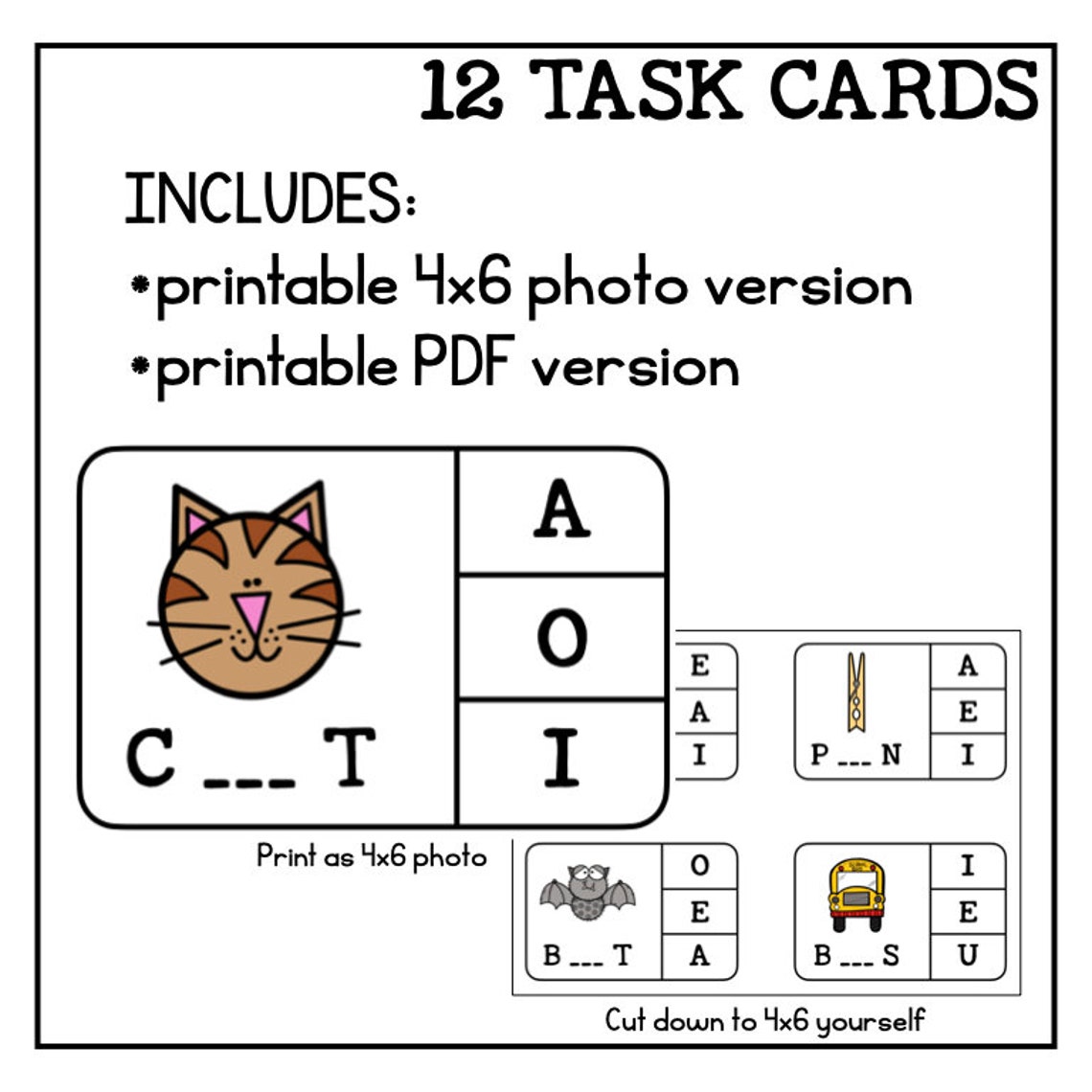 CVC Words Short Vowel Task Cards for Literacy Centers, 4x6 Activity ...