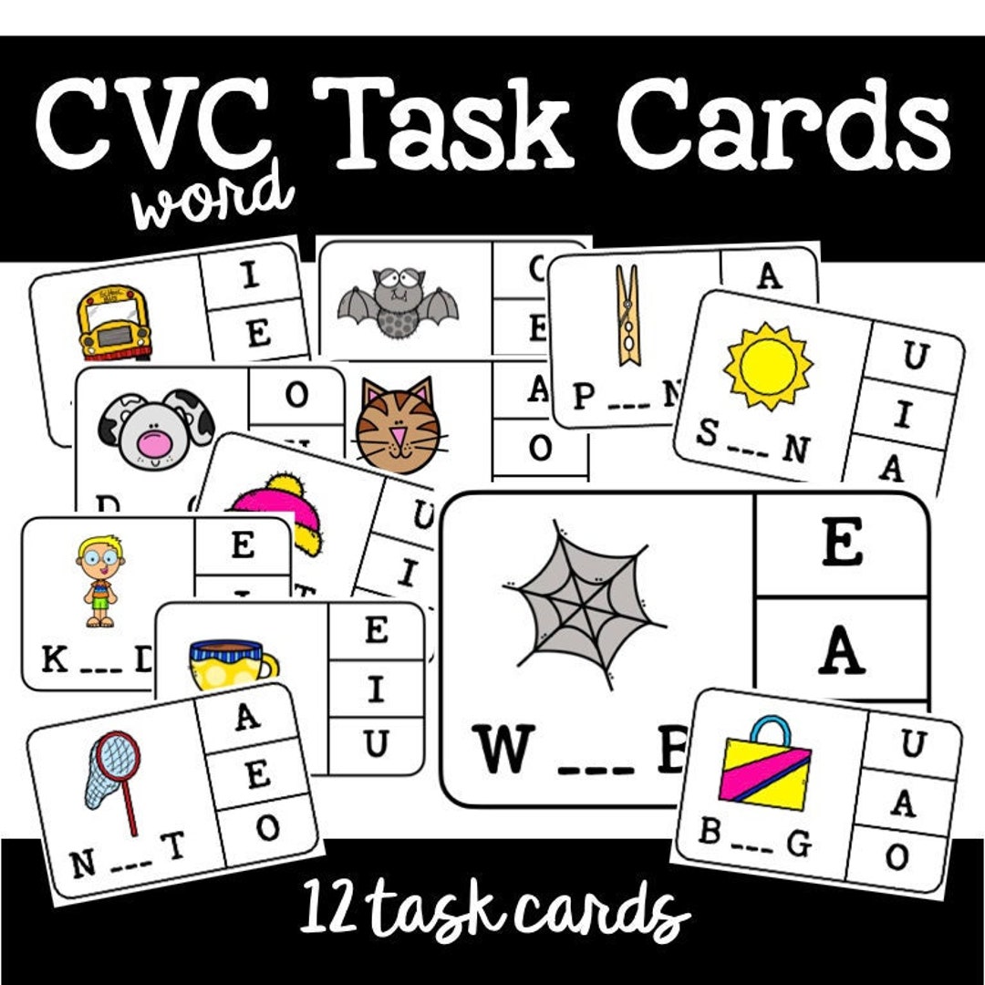 CVC Words Short Vowel Task Cards for Literacy Centers, 4x6 Activity ...