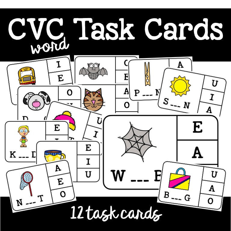 CVC Words Short Vowel Task Cards for Literacy Centers, 4x6 Activity ...