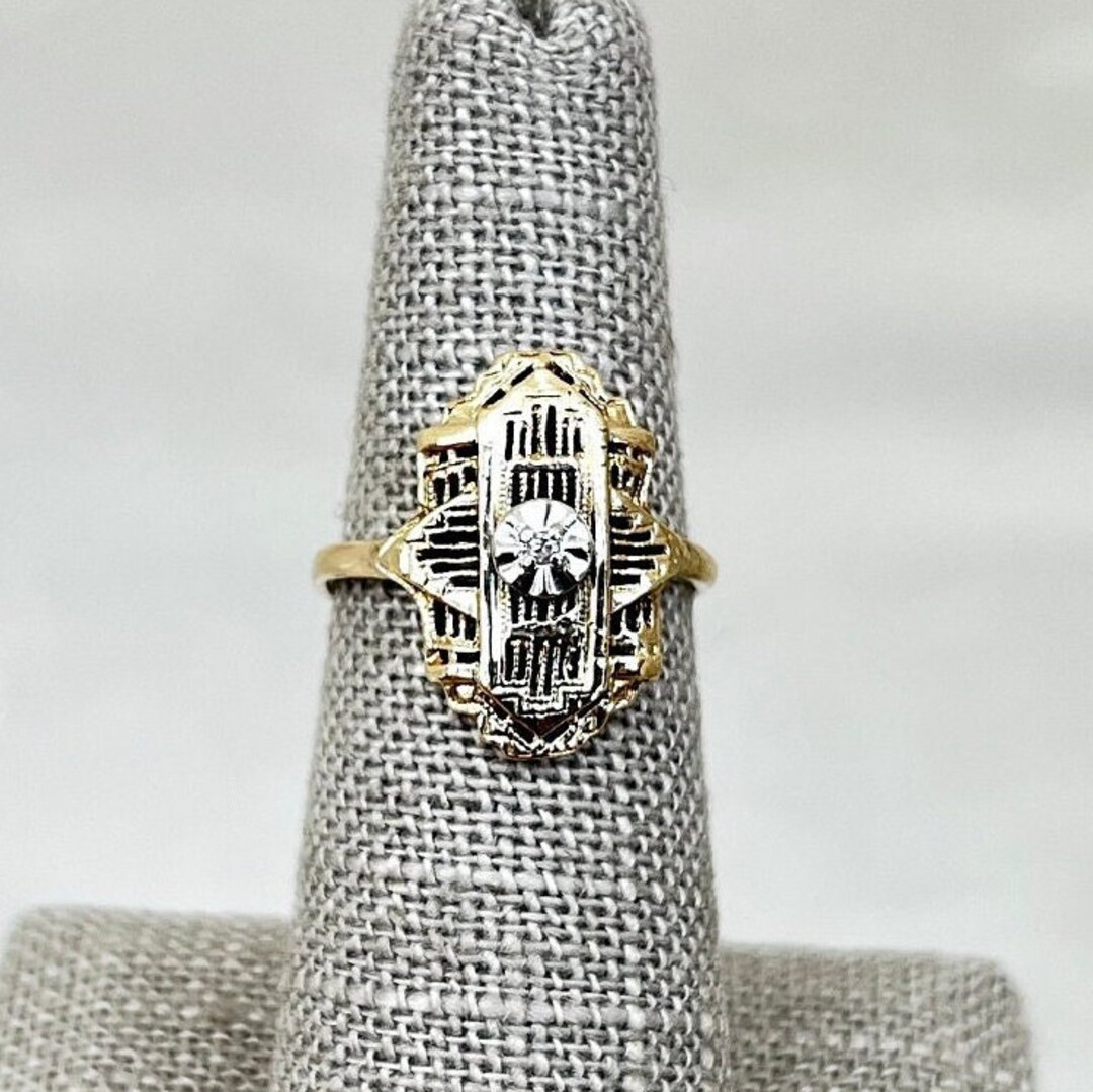 Vintage 10K Yellow Gold Filagree Diamond Ring - Etsy