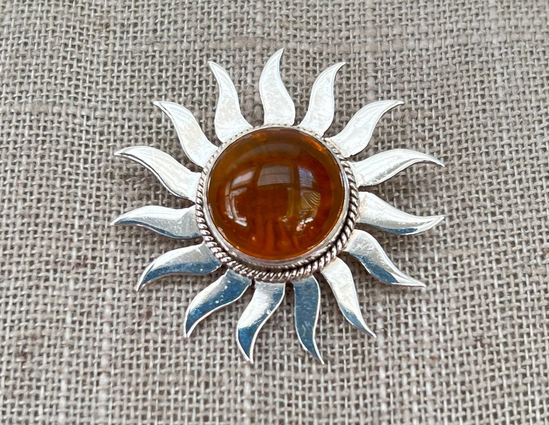 Sterling Silver Yellow Glass Sun Brooch - Etsy