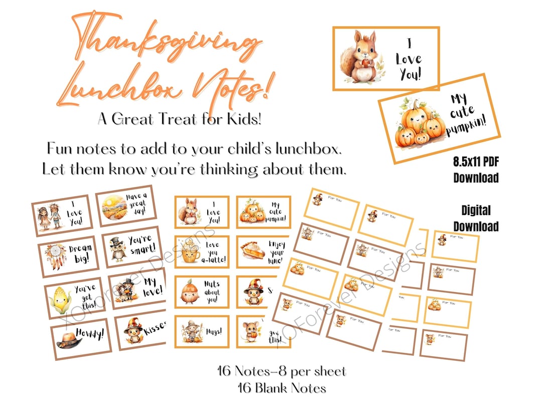 Printable Thanksgiving Lunch Box Notes for Kids | Cute Thanksgiving ...