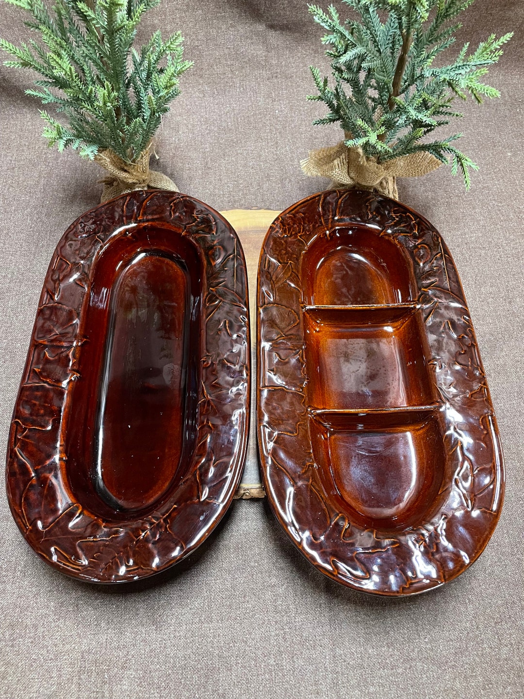 Rowe Pottery Works Leaf Pattern Trays/ Platter in a Deep Brown Glaze ...