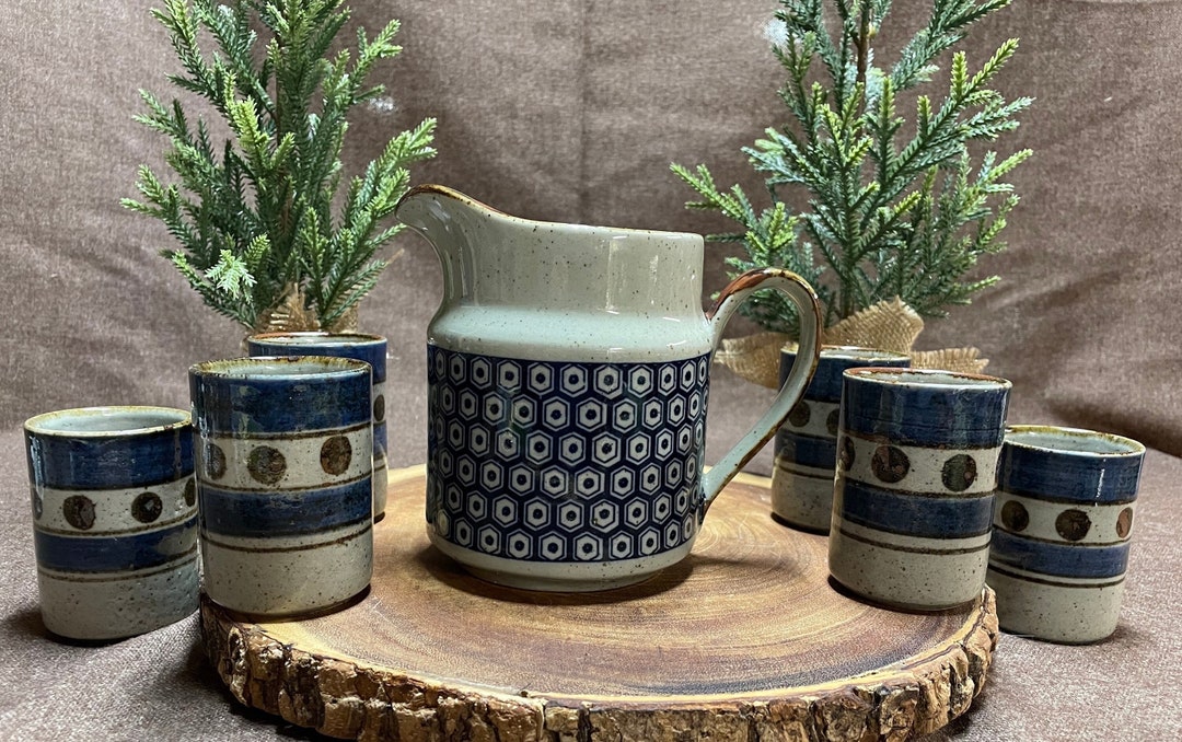 Vintage Japanese Stoneware Pitcher and 6 Teacups in Colors of Browns ...