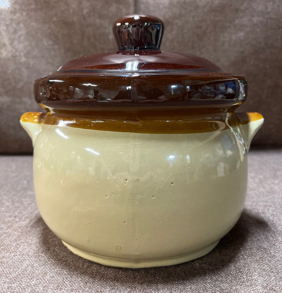 Vintage Earth Tone Bean Pot With Lid - Etsy
