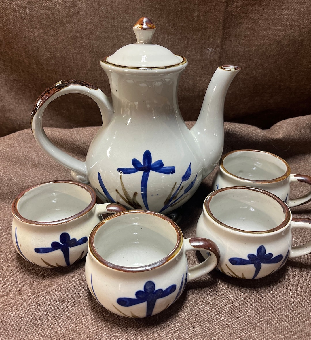 Beautiful Japanese Blue Floral Tea Set With Earth Tone Accents. 7 ...