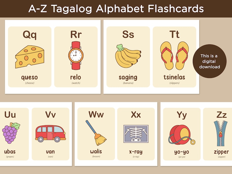 Filipino Alphabet Flashcards, Tagalog Flashcards Alphabets With English ...