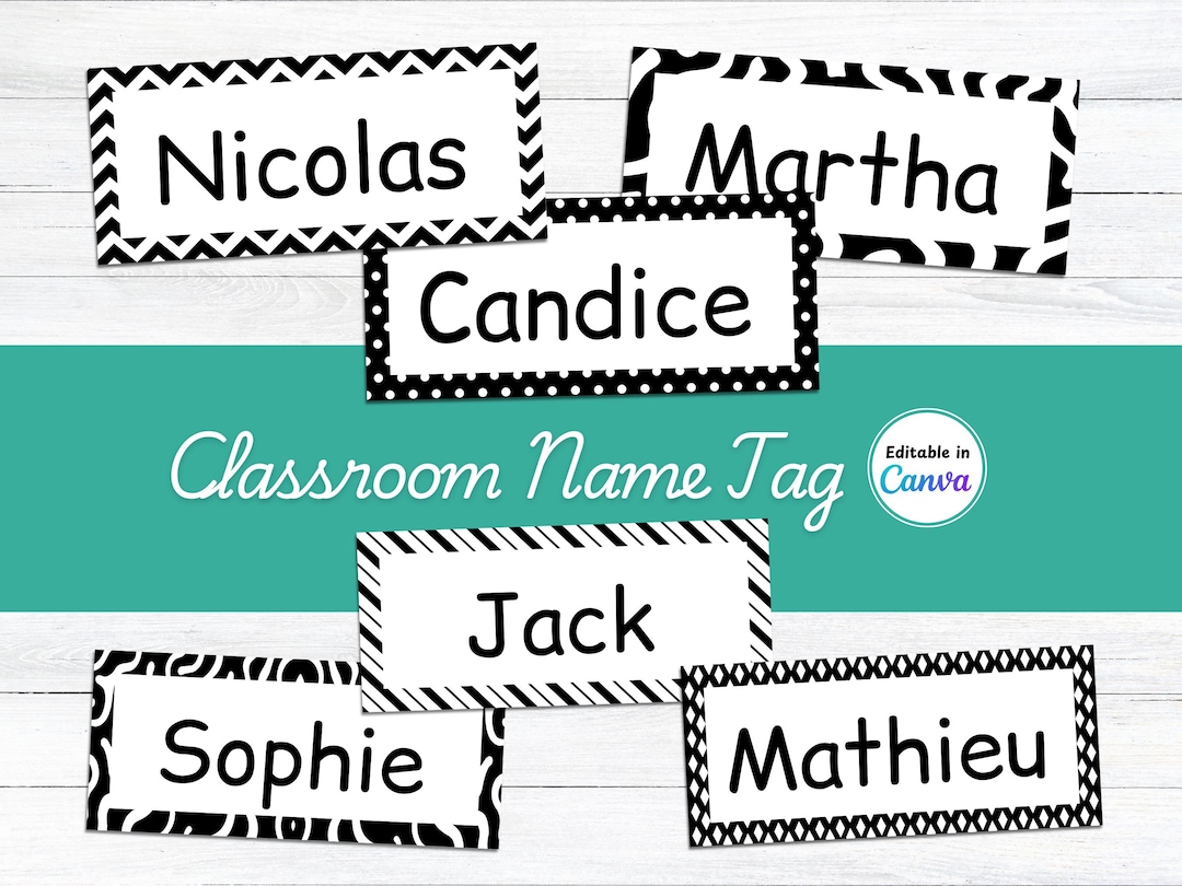Editable Black and White Pattern Classroom Name Tags, Simple School ...