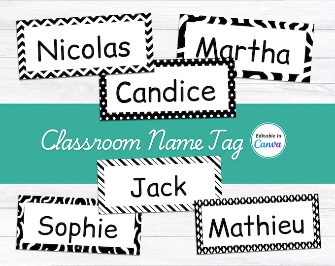 Black and White Classroom Labels, Student Name Tags, Printable ...
