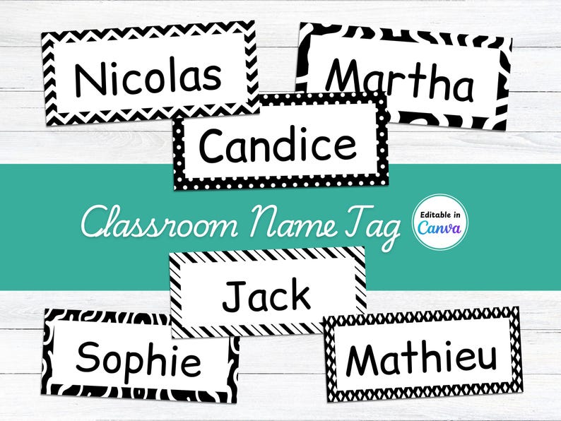 Editable Black and White Pattern Classroom Name Tags, Simple School ...