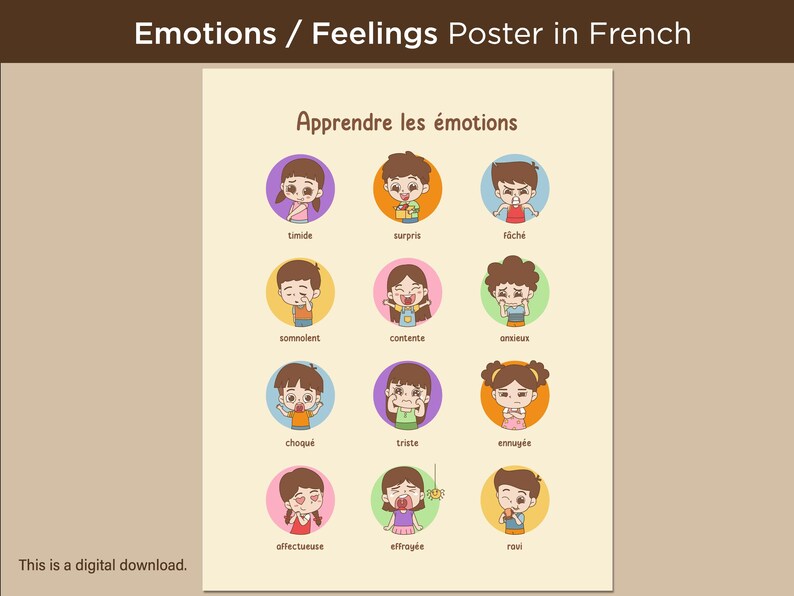 French Emotions Chart Poster, Psychology Kids Print (digital Download ...