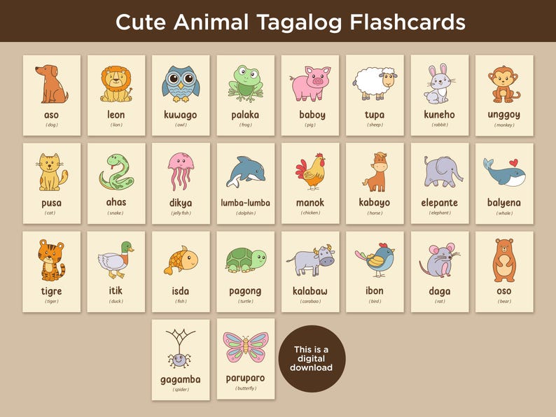 Animal Tagalog Flashcards, Bilingual Learning (digital Download) - Etsy