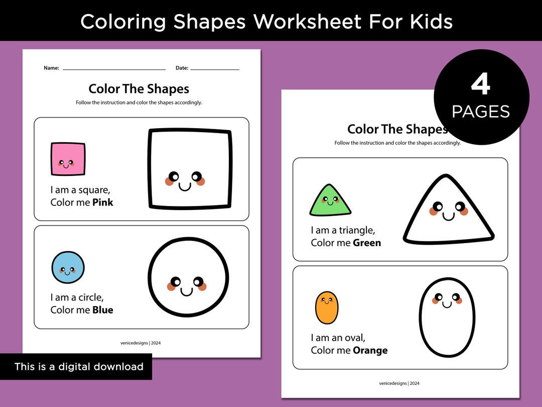Coloring Shapes Worksheet for Kids, 4-page Shapes Coloring Activity for ...