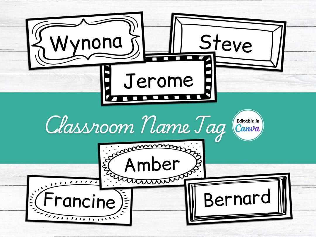 Editable Doodle Classroom Name Tags, Simple Black and White Hand-drawn ...