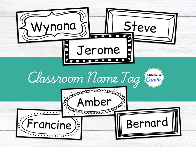 Editable Doodle Classroom Name Tags, Black and White (digital Download ...