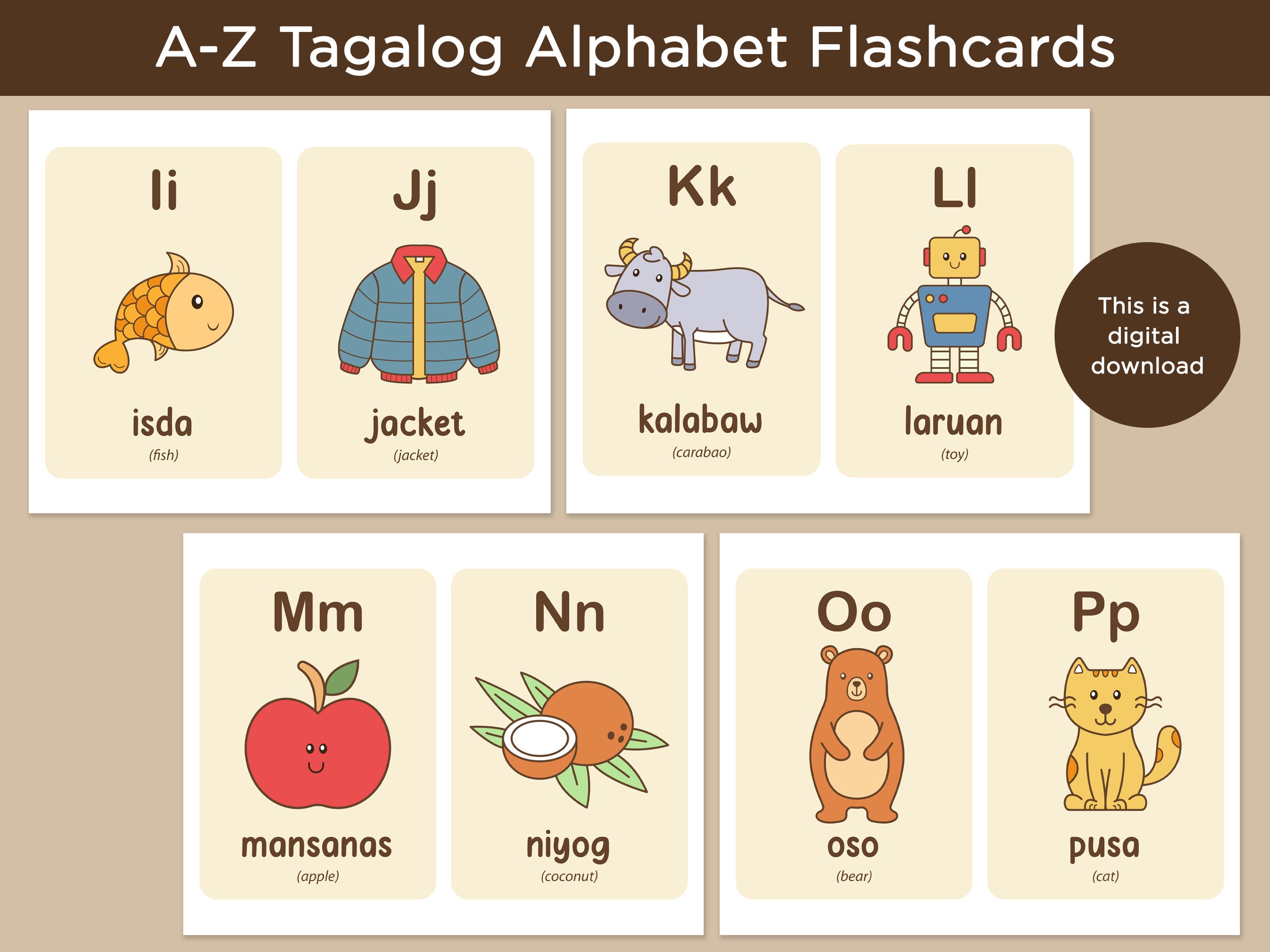 Filipino Alphabet Flashcards, Tagalog Flashcards Alphabets With English ...