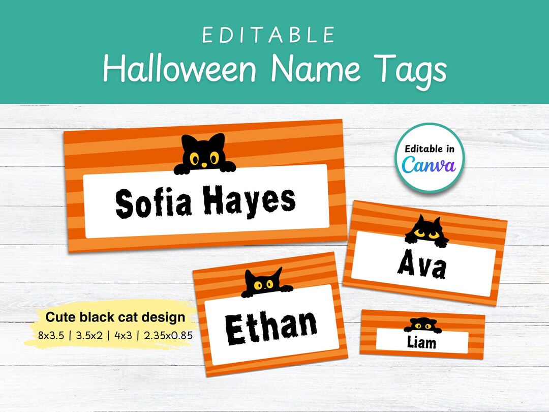 Editable Halloween Black Cat Name Tags, Canva Template (digital ...