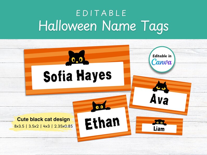 Editable Halloween Black Cat Name Tags, Canva Template (digital ...
