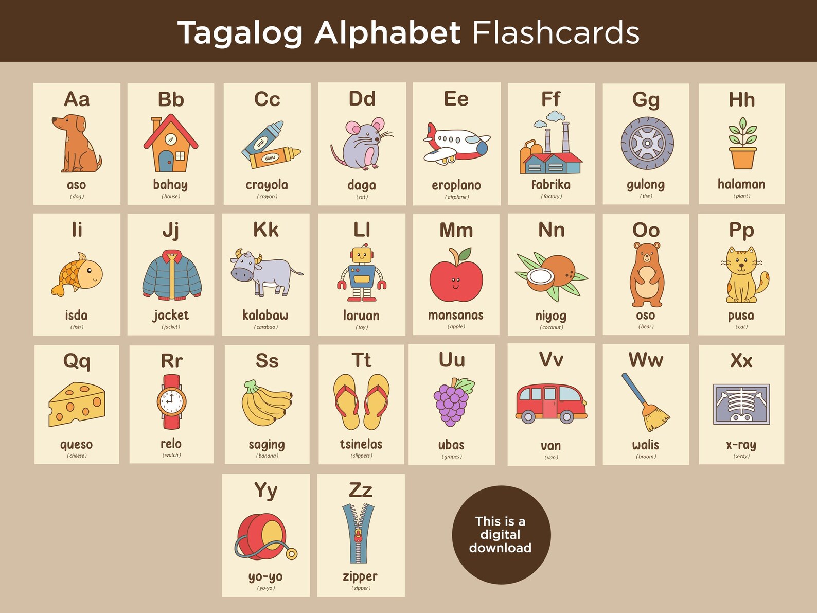 Filipino Alphabet Flashcards, Tagalog Flashcards Alphabets With English ...