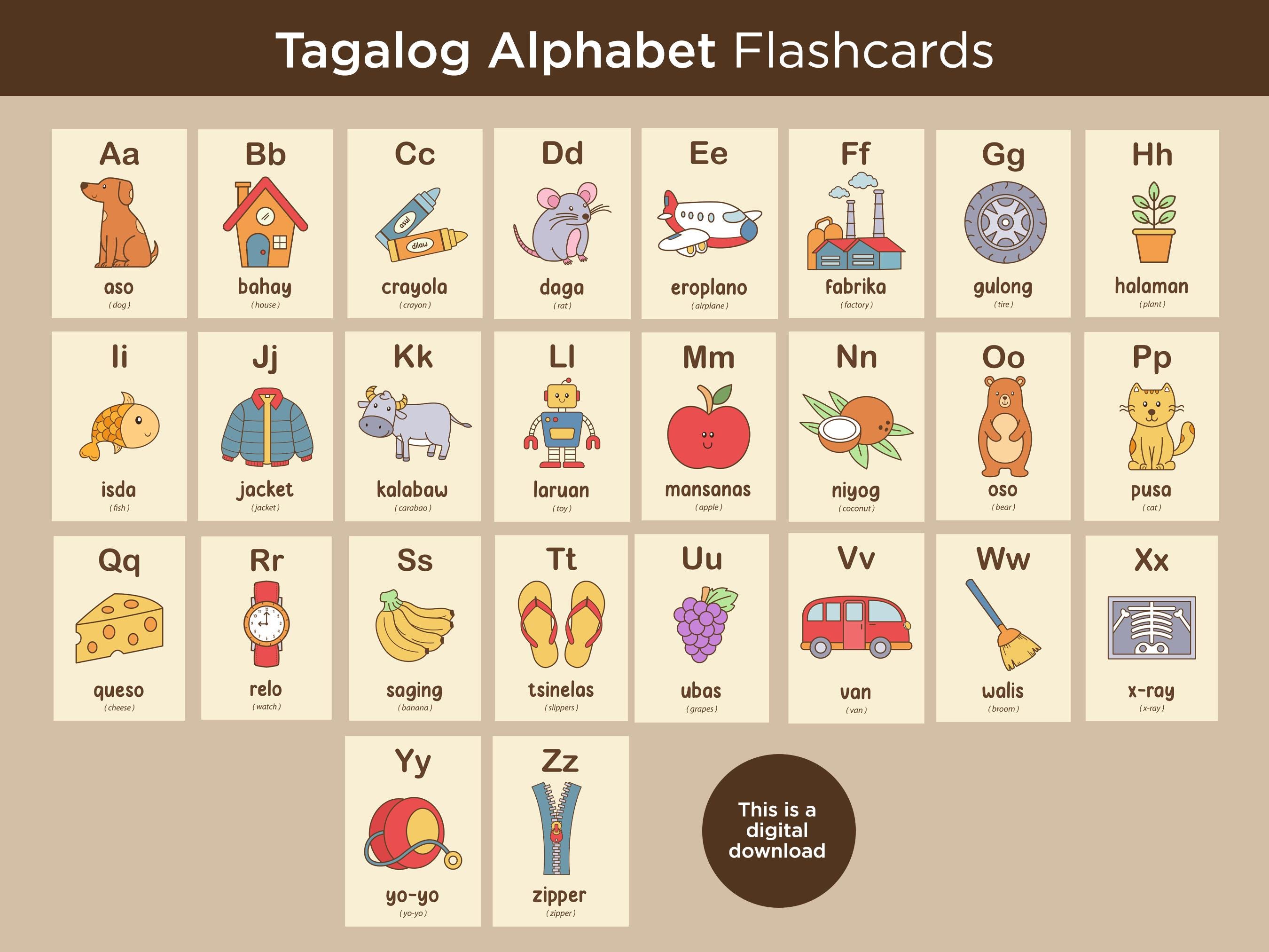 Filipino Alphabet Flashcards, Tagalog Flashcards Alphabets With English ...