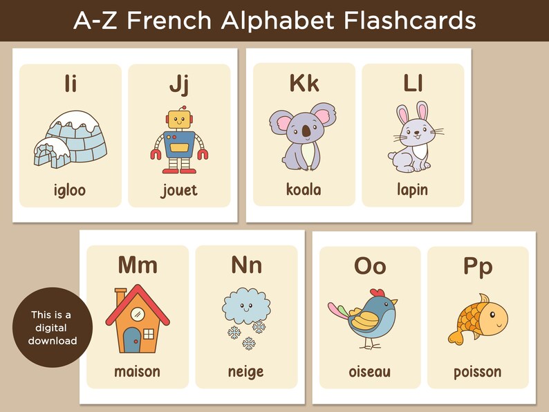 Printable French Alphabet Flash Cards, Toddlers Preschool Early ...