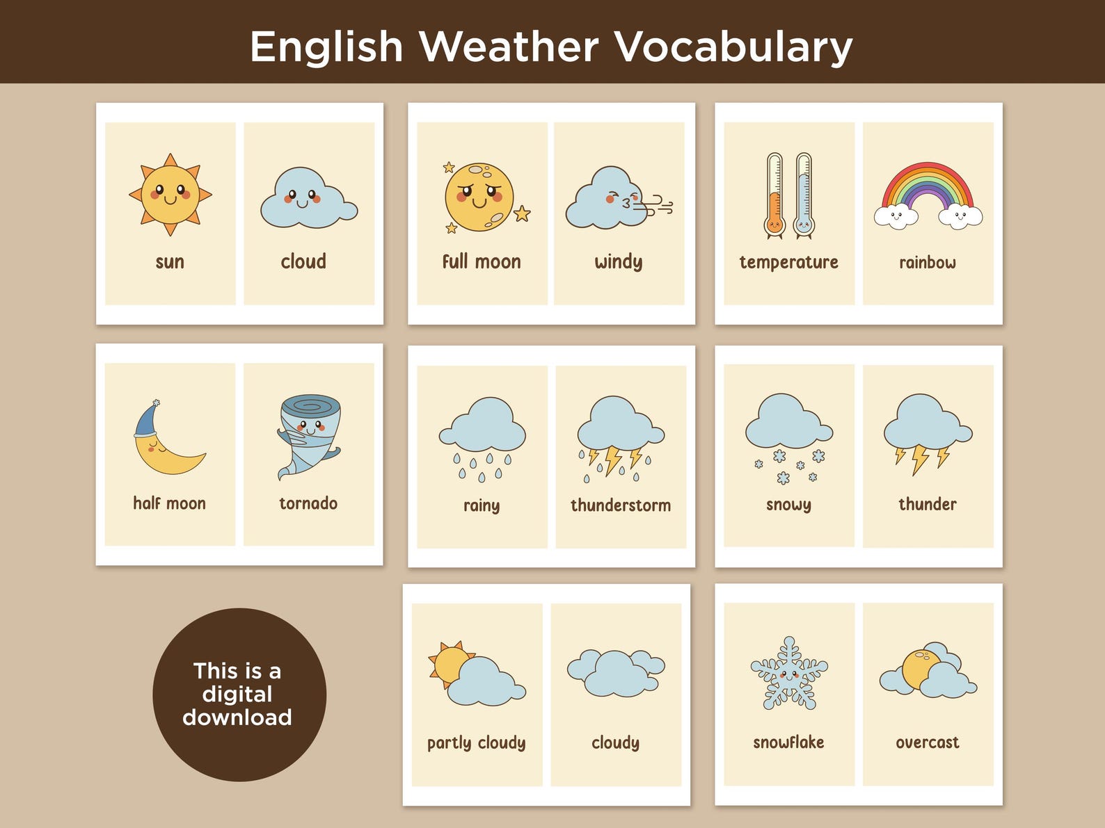 16 English Weather Vocabulary Flashcard, Weather Chart Digital Download ...