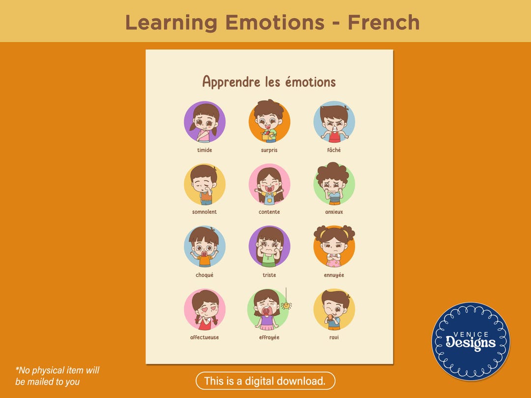 Emotions in French Language Poster, Feelings Chart, Psychology Kids ...