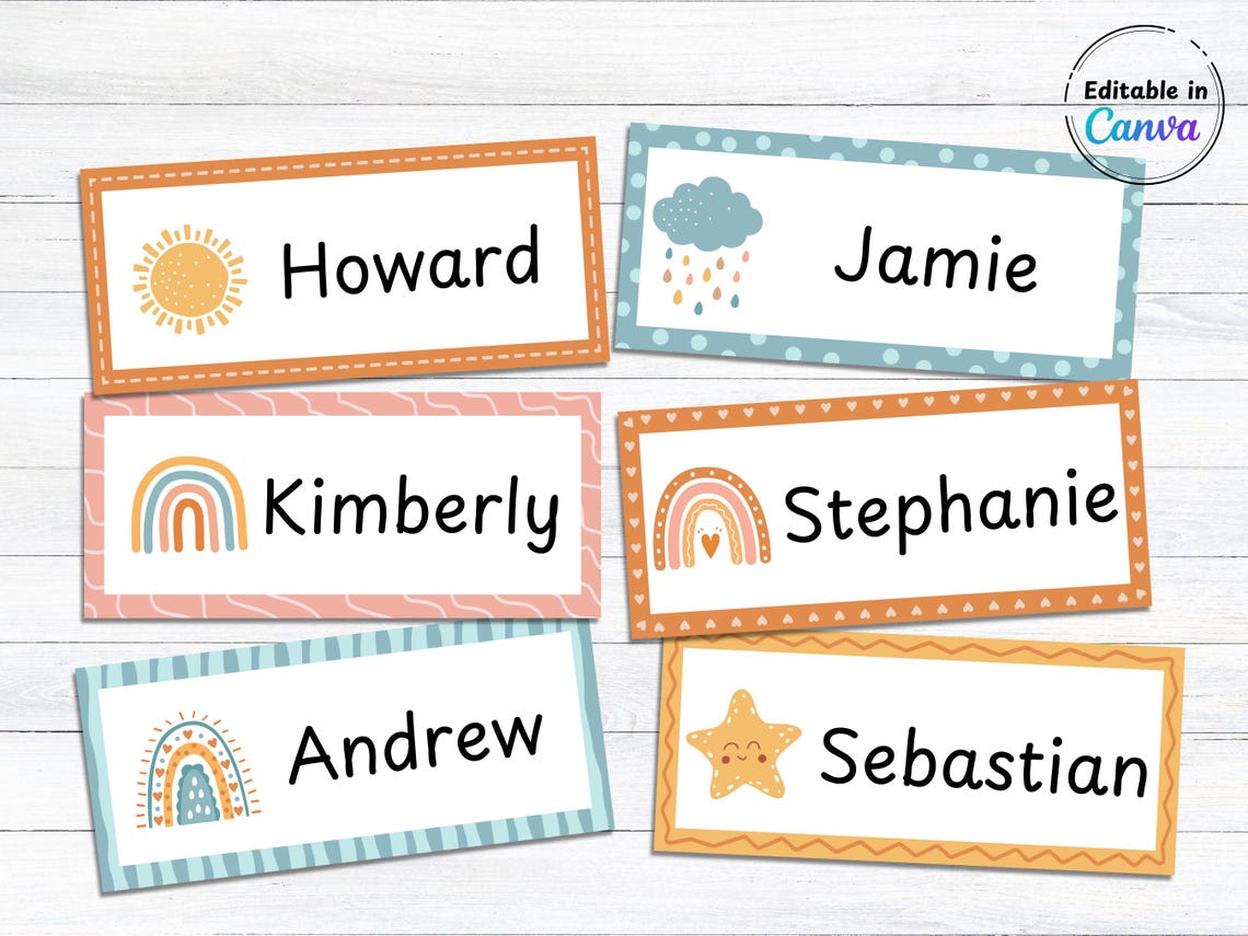 Editable Boho Classroom Name Tags, Printable Canva Template (digital ...