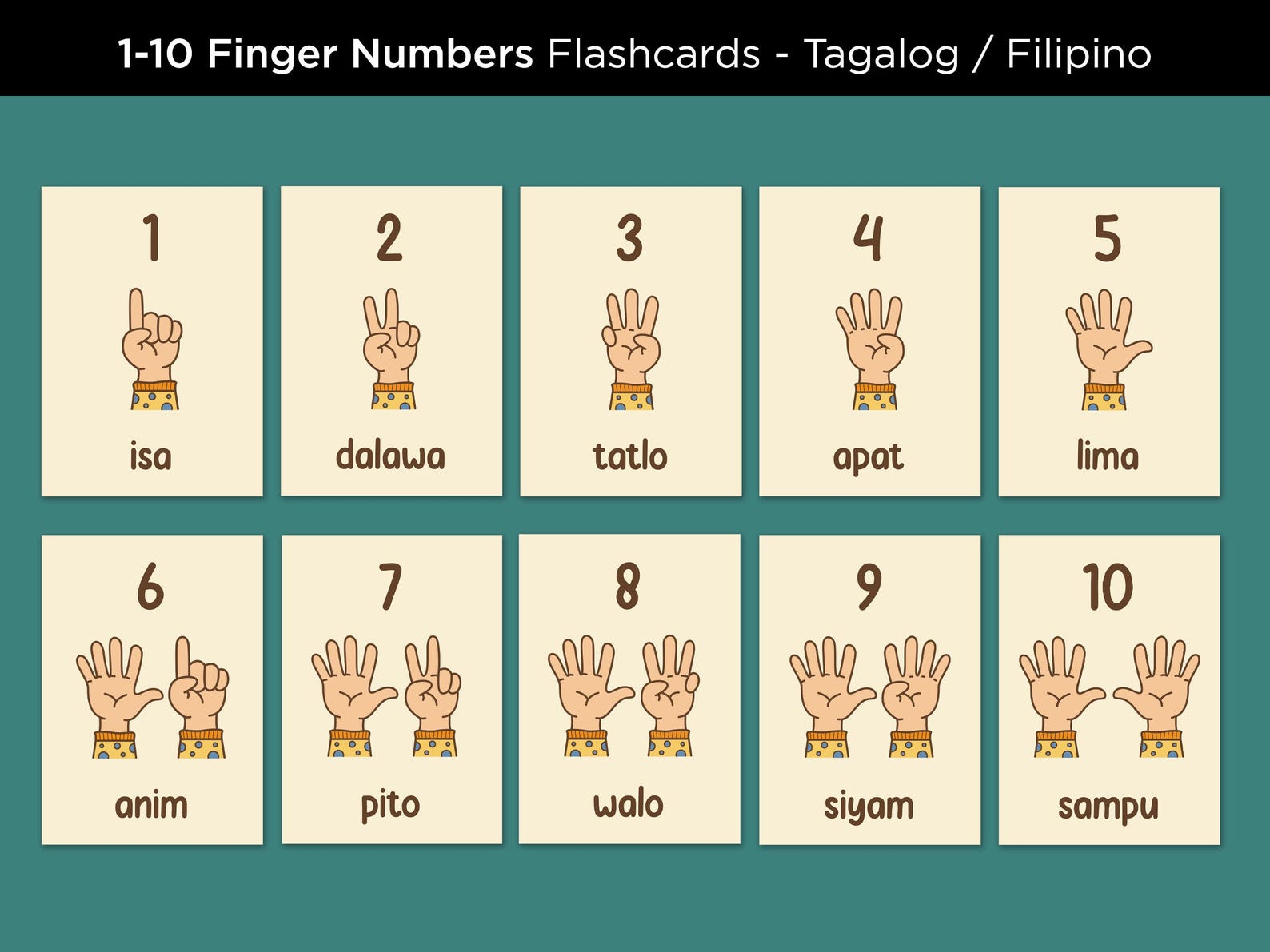 Tagalog Counting Number Flash Cards, Counting to 10, Number Flash Cards ...