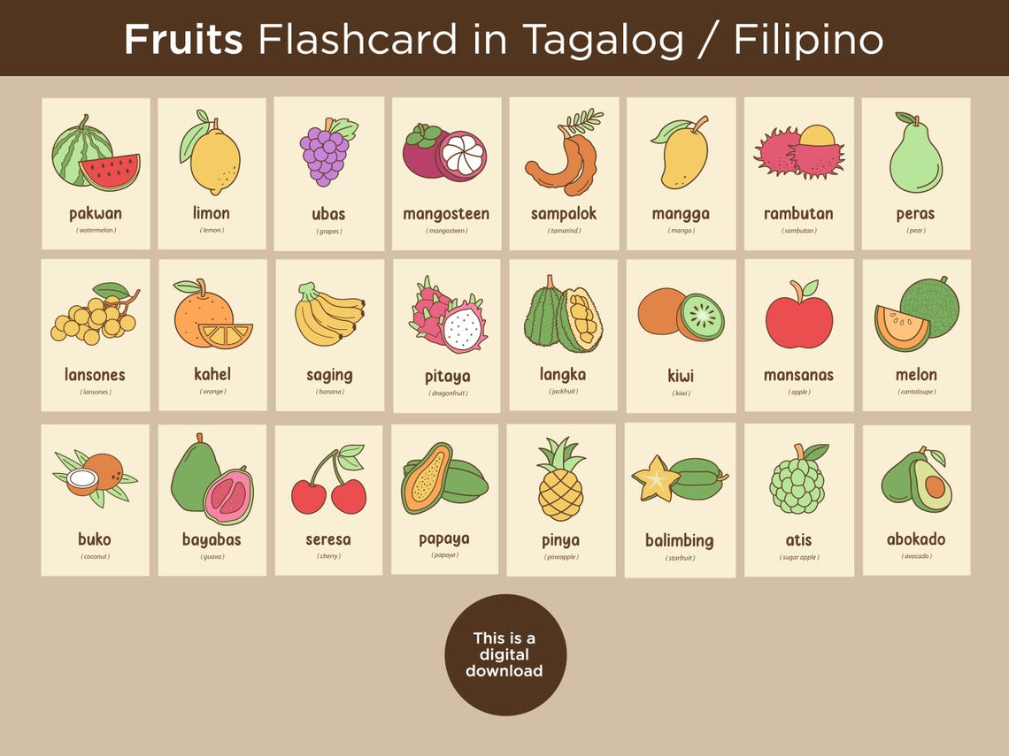 Tagalog Fruits Flashcards With English Translation, Filipino Printable ...