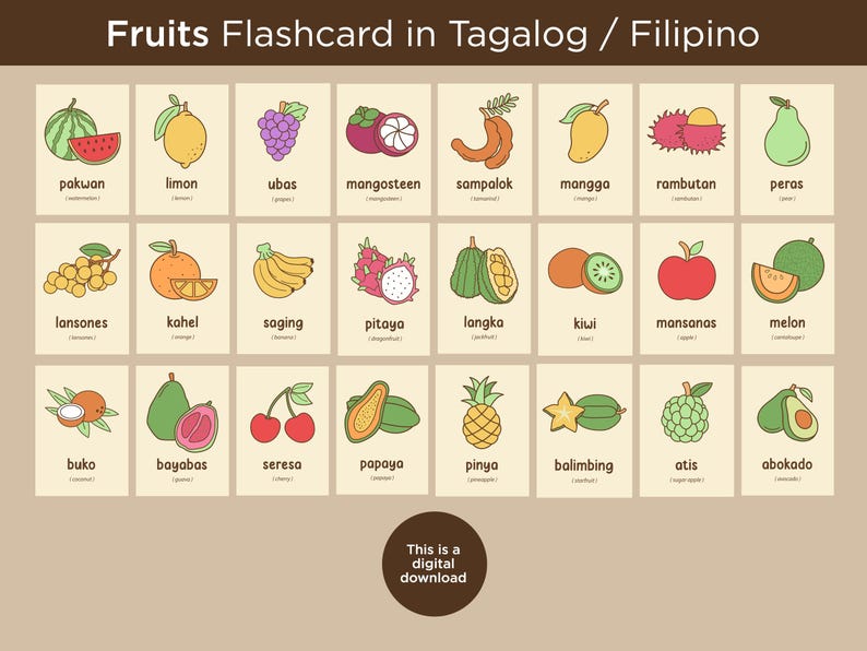Tagalog Fruits Flashcards With English Translation, Filipino Printable ...